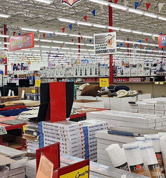 The home goods section looks like Martha Stewart's garage sale—if Martha were obsessed with incredible bargains and colorful signage.