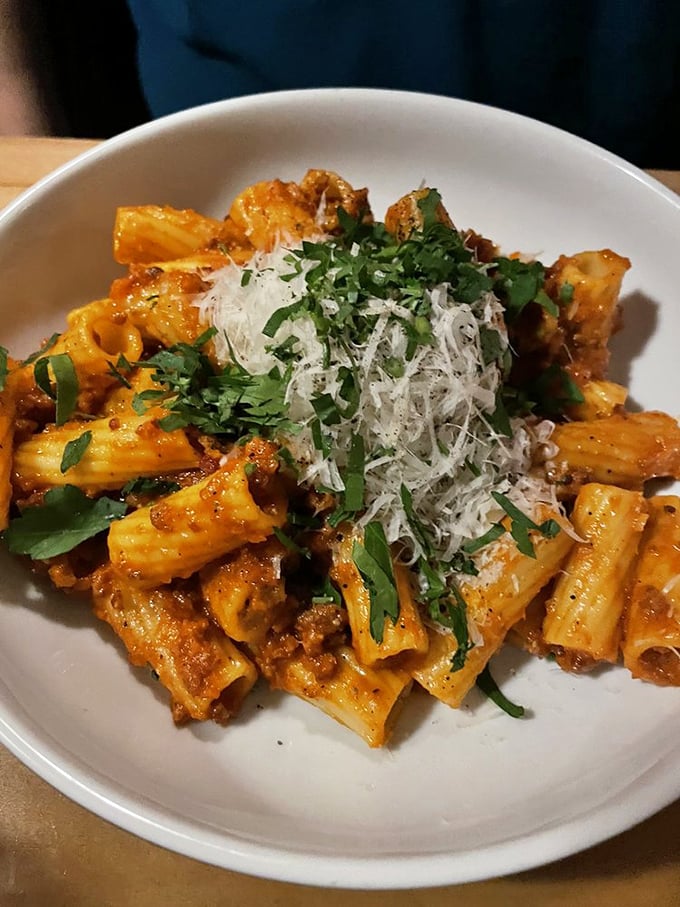 Rigatoni swimming in bacon bolognese – this is what pasta dreams are actually made of.