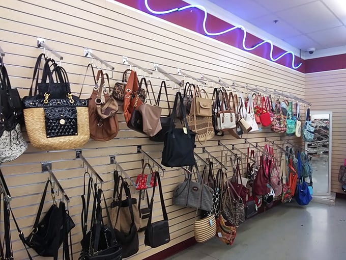 Handbag heaven where leather treasures and quirky clutches hang like fashionable fruit, ripe for the picking at prices that won't break the bank.