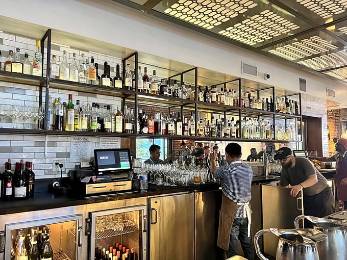 The bar shelves glow like an altar to spirits—both the kind you drink and the kind that inspire conversations lasting until closing time.