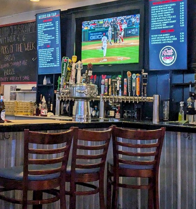 The bar area—where sports on TV and seafood stories flow as freely as the local brews on tap.