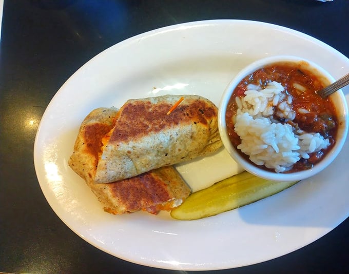 The breakfast burrito and gumbo combo – proof that sometimes the best relationships are the unexpected ones.
