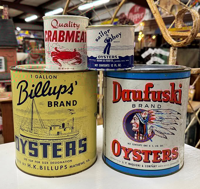 Vintage seafood tins showcase graphic design from another era—when packaging was an art form and logos were hand-drawn masterpieces.