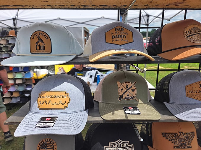 Baseball caps that speak volumes about their wearers—personal billboards of humor, heritage, and hometown pride.