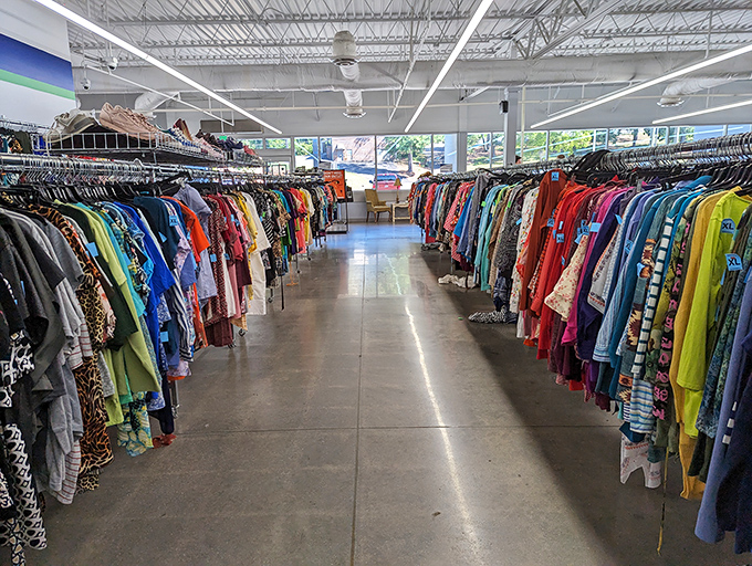 The rainbow road of secondhand fashion—where yesterday's impulse purchases become tomorrow's signature looks.