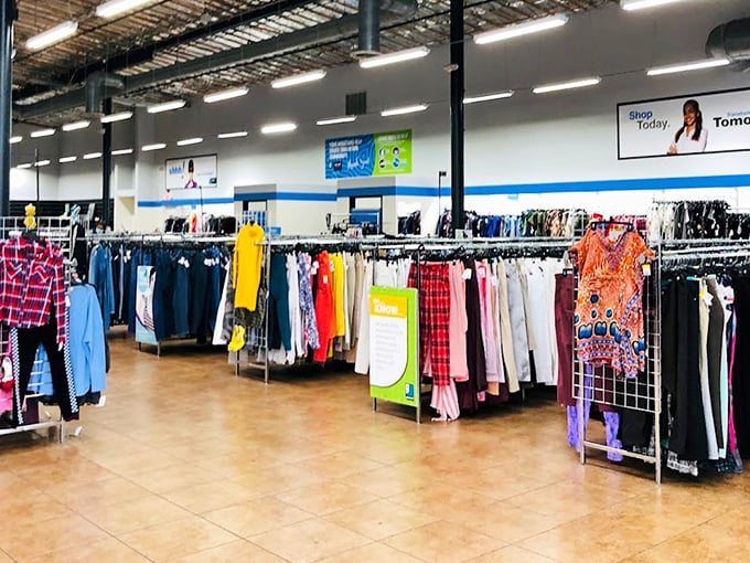 Clothing racks organized with military precision. The thrill of the hunt meets the joy of discovery in this fashion treasure trove.