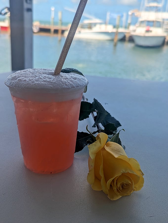 A tropical drink with a water view—the official uniform of Florida Keys relaxation. Sip slowly; memories are being made with each swallow.
