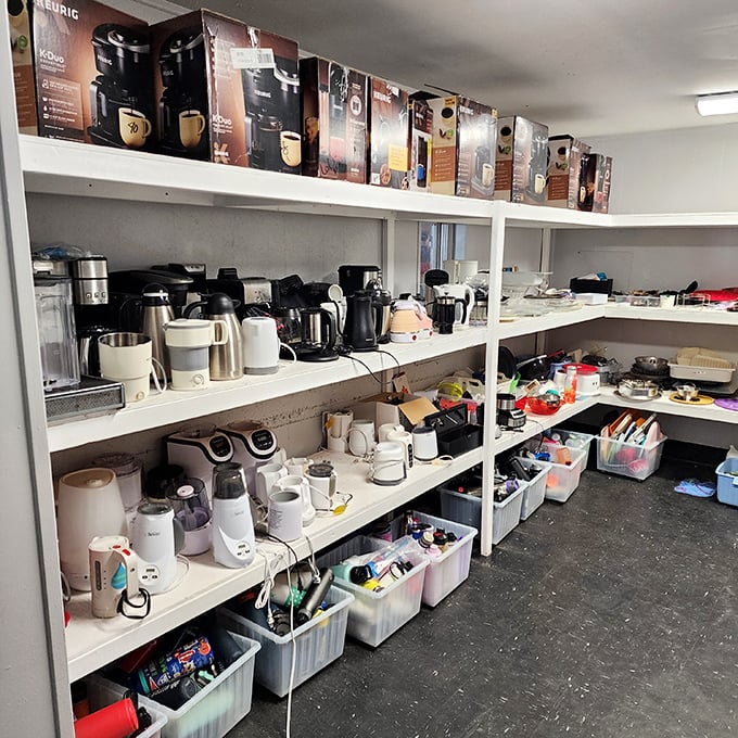 Coffee makers in various states of retirement – from "barely used wedding gift" to "survived three office relocations and still brewing."