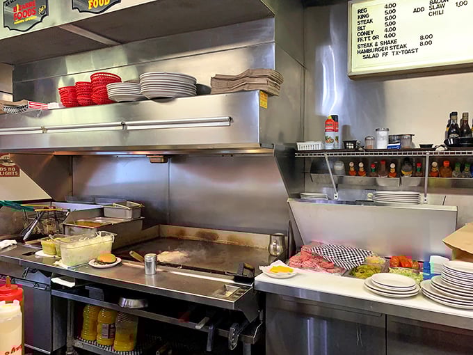 The kitchen at Sid's – where magic happens on a well-seasoned griddle that's probably seen more action than a Hollywood stuntman.