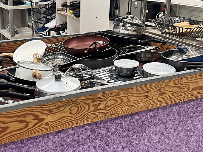 Kitchen treasures await the home chef – that cast iron pan probably made someone's grandmother's famous cornbread and is ready for your culinary adventures.