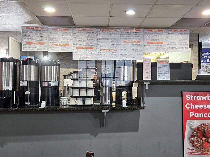 The order counter—command central for breakfast operations, where coffee flows freely and menu boards promise delicious possibilities.