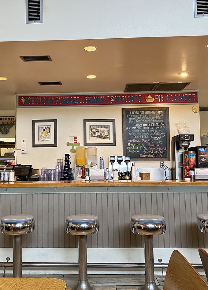 Classic diner counter seating – where solo diners become temporary neighbors and the coffee is always within arm's reach.