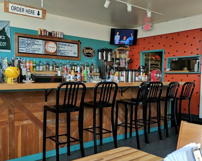 The bar area invites you to pull up a stool and stay awhile—perhaps for a morning mimosa or afternoon craft beer.