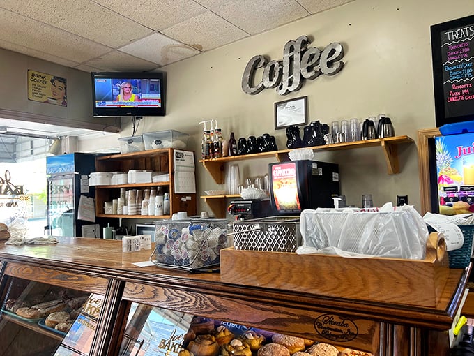The coffee station—command central for morning revival operations—where caffeine dreams are fulfilled one mug at a time.