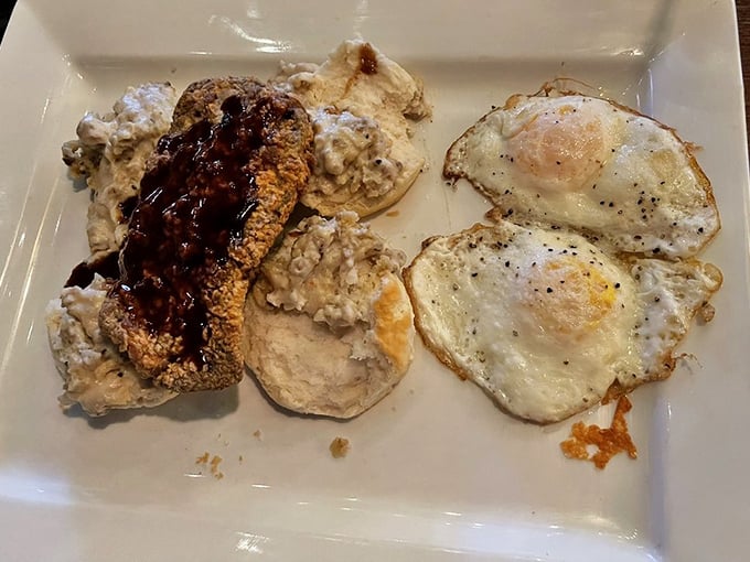 Country fried steak with gravy and eggs—the breakfast that says, "Today might be tough, but at least it started with greatness." Southern comfort on a plate.