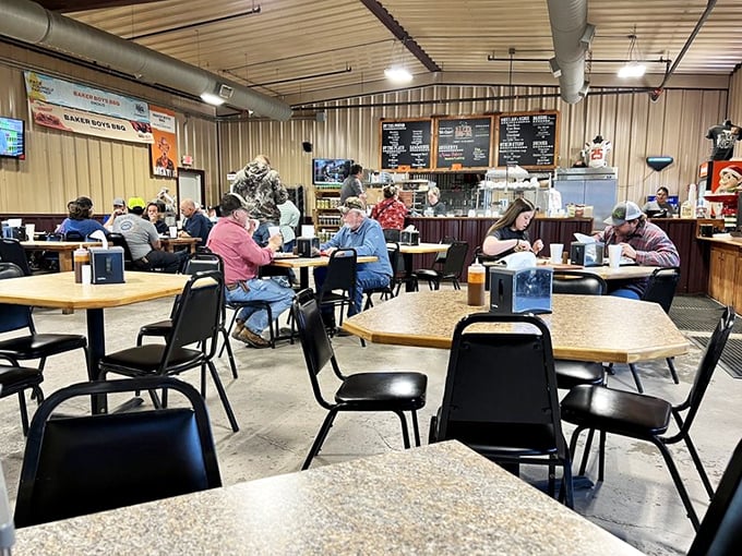 A slice of Texas life – locals gather at wooden tables, united by their appreciation for properly smoked meat and good company.