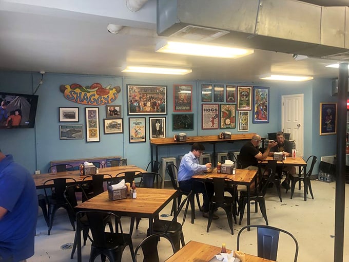 The dining room has all the frills of your favorite uncle's basement – unpretentious, comfortable, and plastered with cool memorabilia.