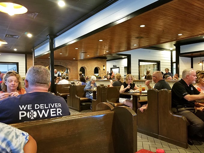 The after-church crowd in their Sunday best, proving that fellowship tastes better with a side of buffet abundance.
