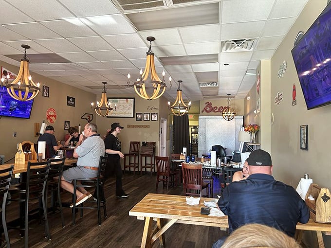 Where strangers become friends over the shared religion of properly smoked meat. The chandeliers add a touch of "fancy barbecue."
