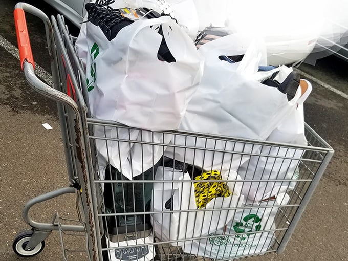 The aftermath of a successful thrift expedition – bags filled with treasures and the satisfaction of knowing you've saved both money and landfill space.