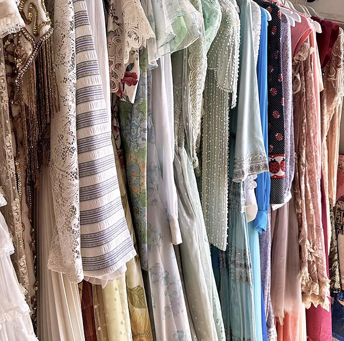 Delicate vintage dresses hang like ghosts of fashion past. Each one whispers of proms, weddings, and special occasions from another era.