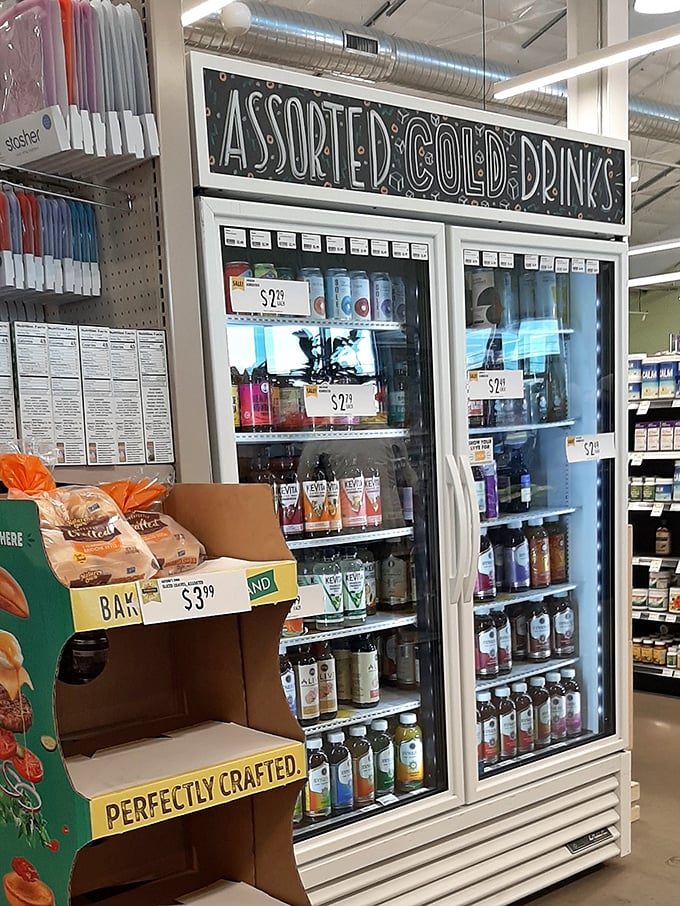 Even the refreshment section gets the full treatment – cold drinks await to revive shoppers who've worked up a thirst from all that bargain hunting.