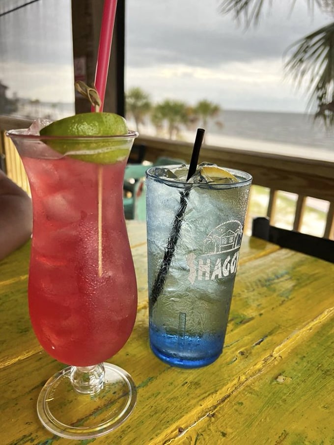 Colorful cocktails with a view of the Gulf—because seafood tastes better with a sunset and something fruity in hand.
