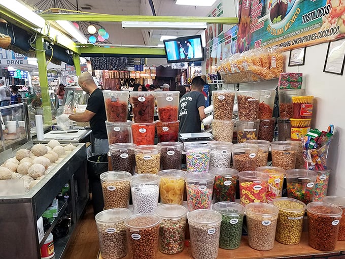 Candy and snack heaven—where transparent containers create a colorful mosaic of temptation that would make Willy Wonka consider a Vegas franchise.
