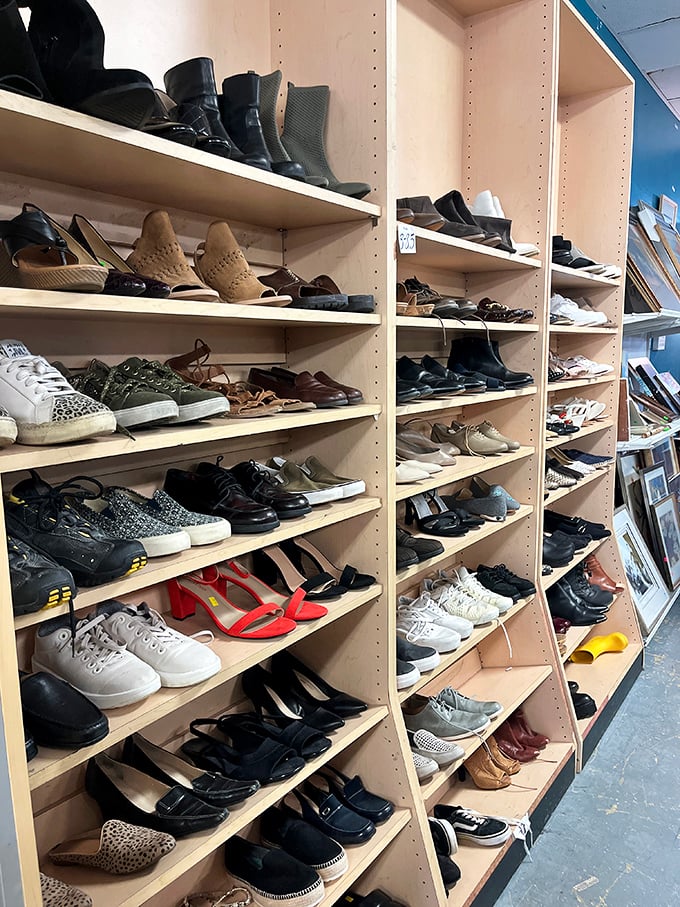 The shoe section rivals Imelda Marcos's closet, with footwear for every occasion from boardroom meetings to backyard barbecues. Barely-worn treasures abound.