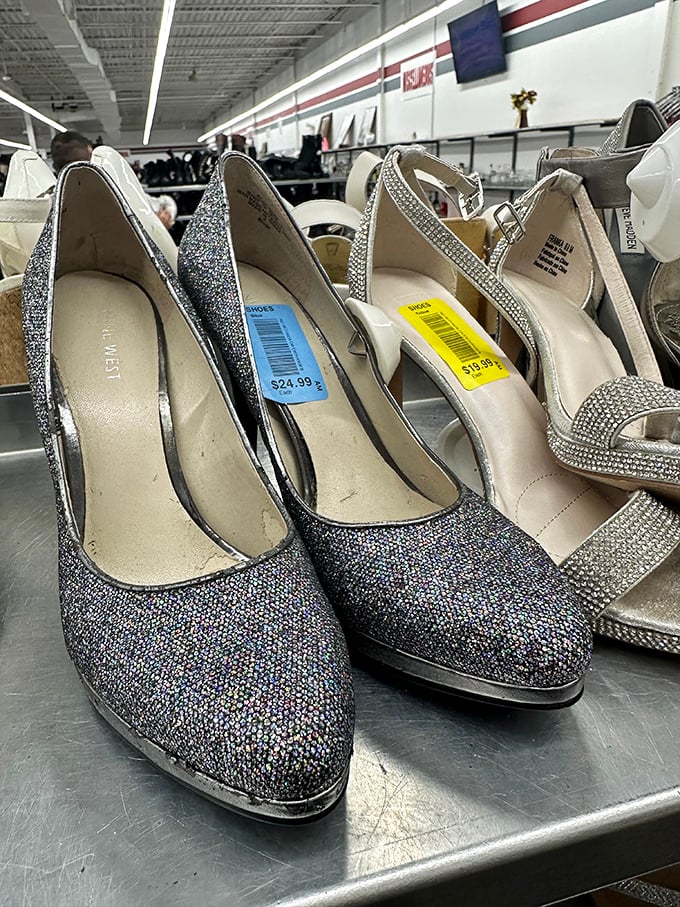 Cinderella would approve of this glass slipper alternative—sparkly heels waiting for their second chance at a night out.