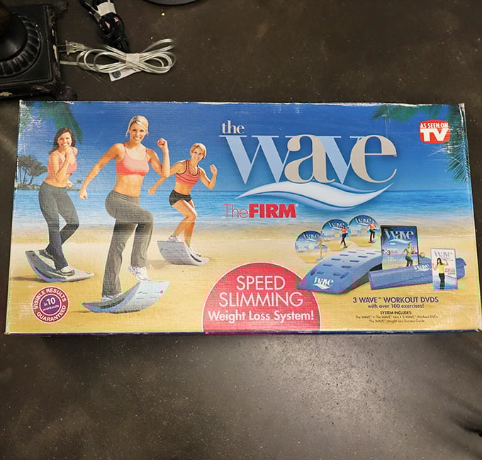 Yesterday's fitness revolution awaits its comeback in a dusty box. "The Wave" promises slimming results and a guaranteed laugh for today's smart shopper.