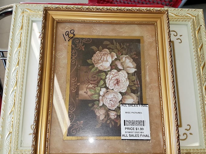 For just $1.99, this gilded frame and floral print could be the conversation piece your guest bathroom desperately needs. Instant sophistication at thrift store prices!