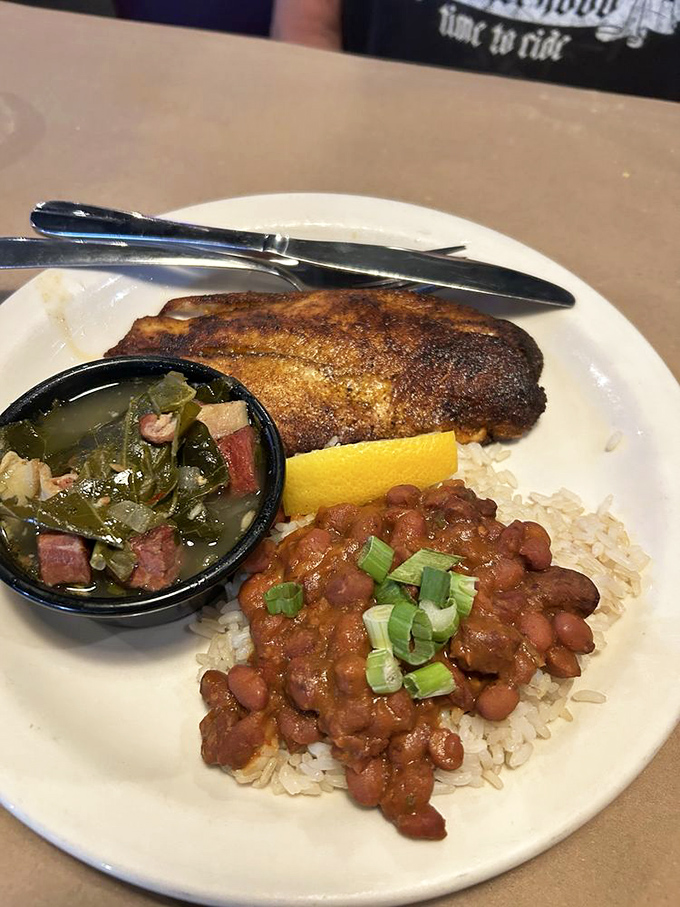 Blackened fish with collard greens and red beans & rice – where the Mississippi meets the Missouri in a celebration of Southern coastal flavors.