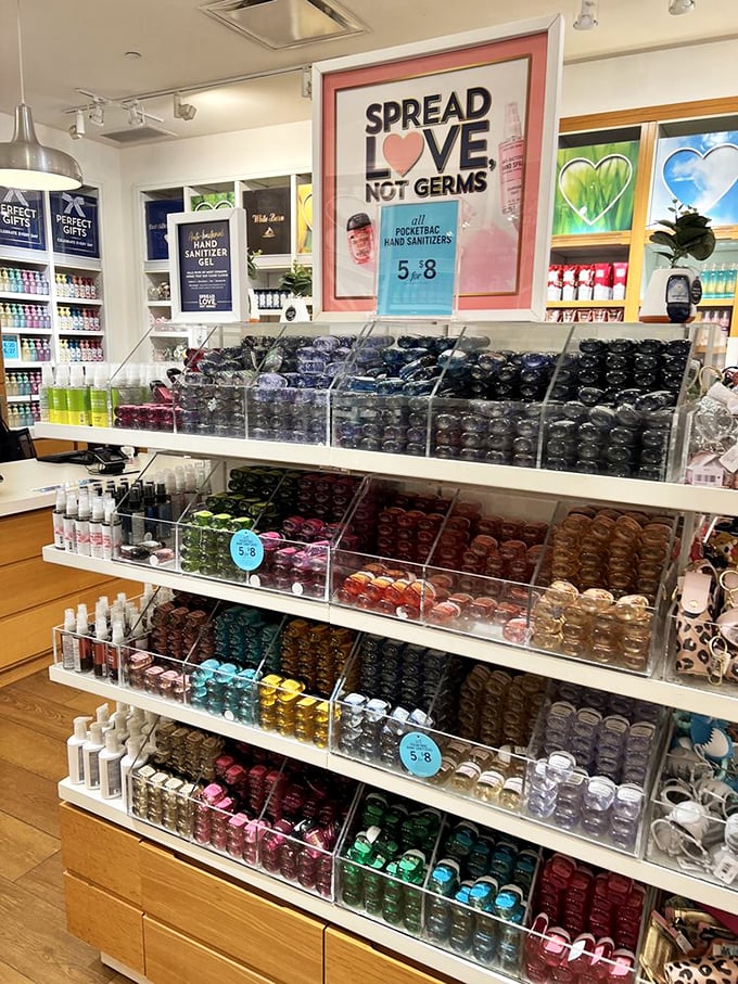 "Spread love, not germs" – a rainbow array of hand sanitizers that makes pandemic precautions feel almost like a shopping treat.