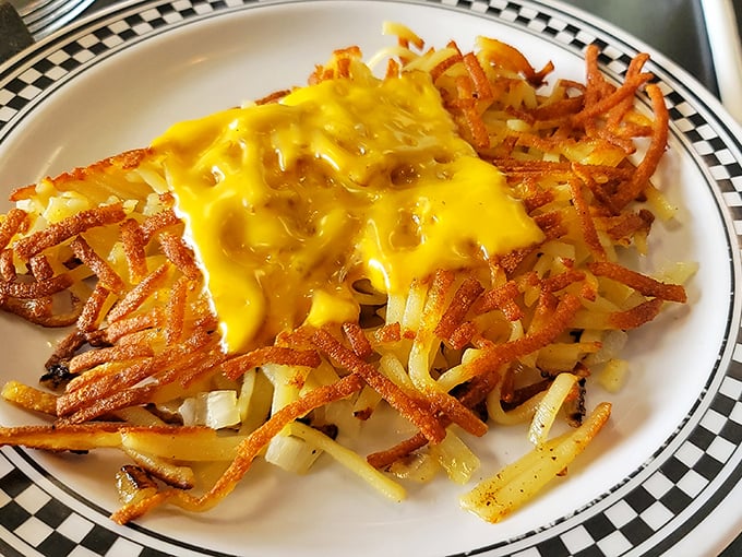 Those hash browns with melted cheese—crispy, golden potato strands that crunch then melt in your mouth. Breakfast's perfect supporting actor.