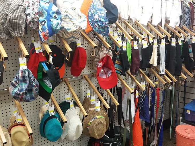 The hat department—where baseball caps, sun hats, and winter beanies wait for new heads and new adventures at prices that won't flip your lid.