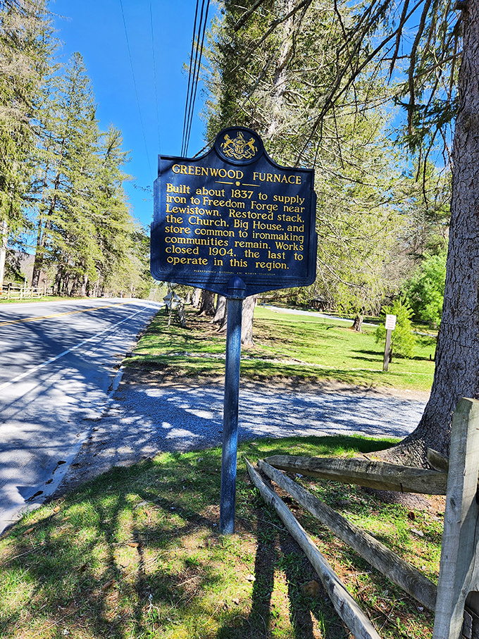 A blue and gold storyteller standing tall. This historical marker reveals Greenwood Furnace's industrial past, when iron—not recreation—was the business of the day.