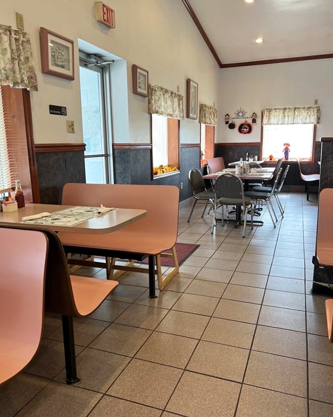 The dining area's simple charm lets you focus on what matters—the food and the company you're sharing it with.