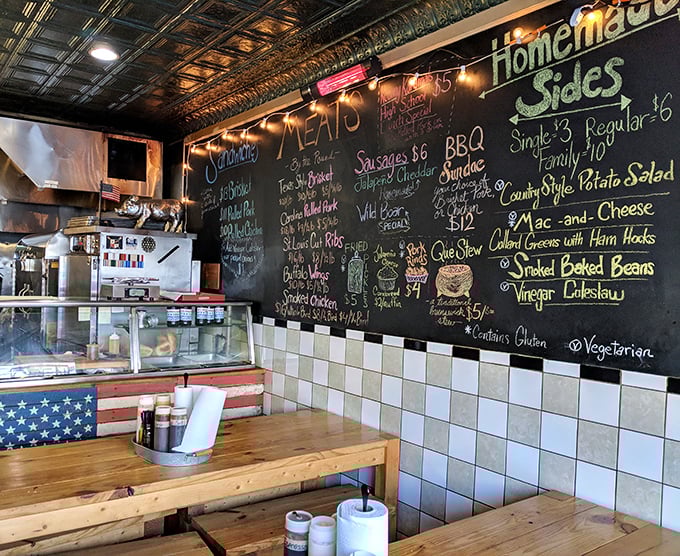 The chalkboard menu speaks volumes – this is a place where offerings change based on what's perfect today, not what's convenient. True barbecue philosophy in action.