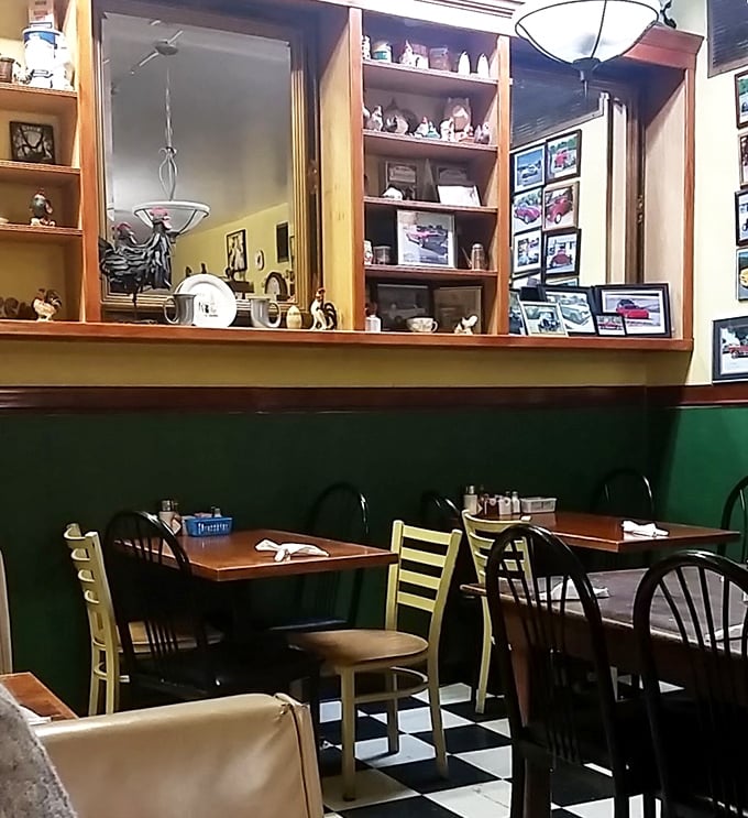 Wooden shelves lined with knickknacks and memorabilia tell stories of Wichita's past while diners create new memories below.