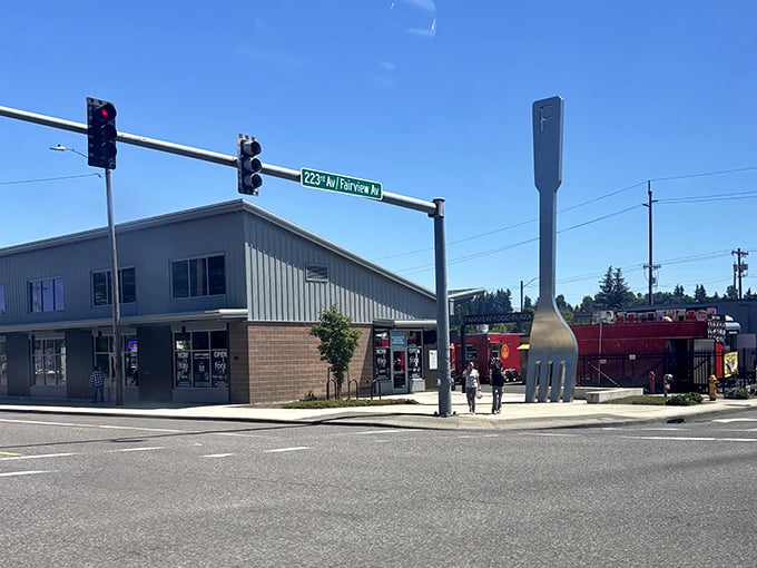 Located at a busy intersection, the giant fork serves as Fairview's most unusual traffic landmark – "Turn left at the enormous utensil!"