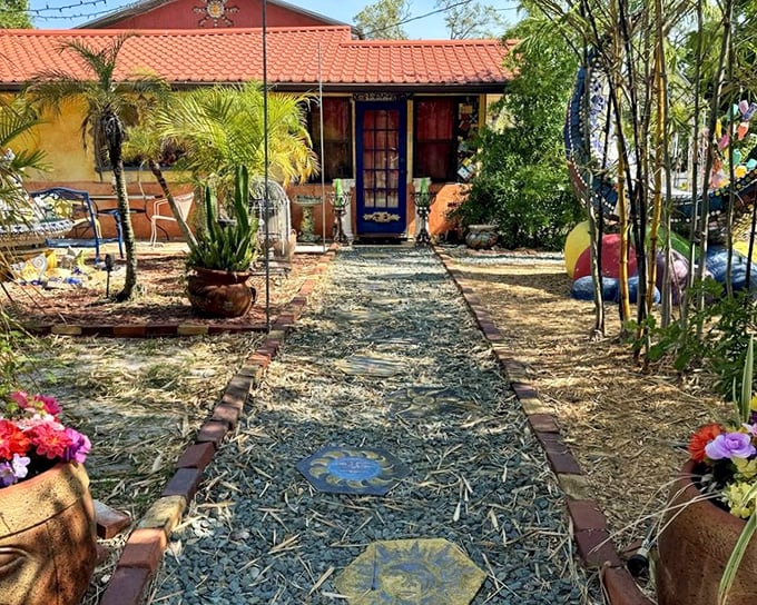 The path to wonderland is lined with whimsy. Alice would feel right at home skipping down this magical walkway.