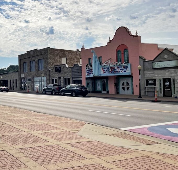 Main Street's pastel-colored Angel Theatre brings a touch of Art Deco charm. Small-town America with a dash of architectural flair.