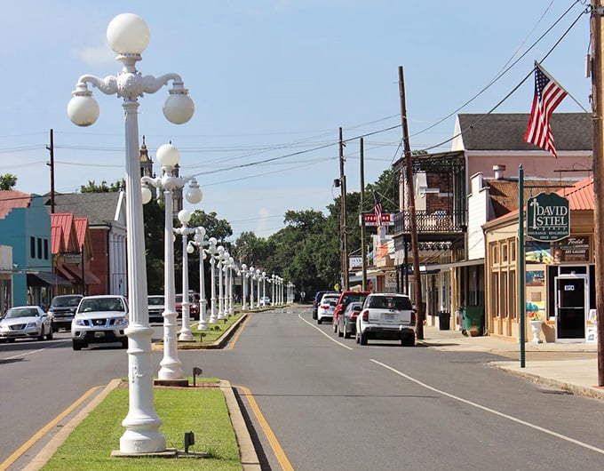 Main Street's vintage lamp posts and patriotic charm create that Mayberry feeling without the fictional price premium attached.