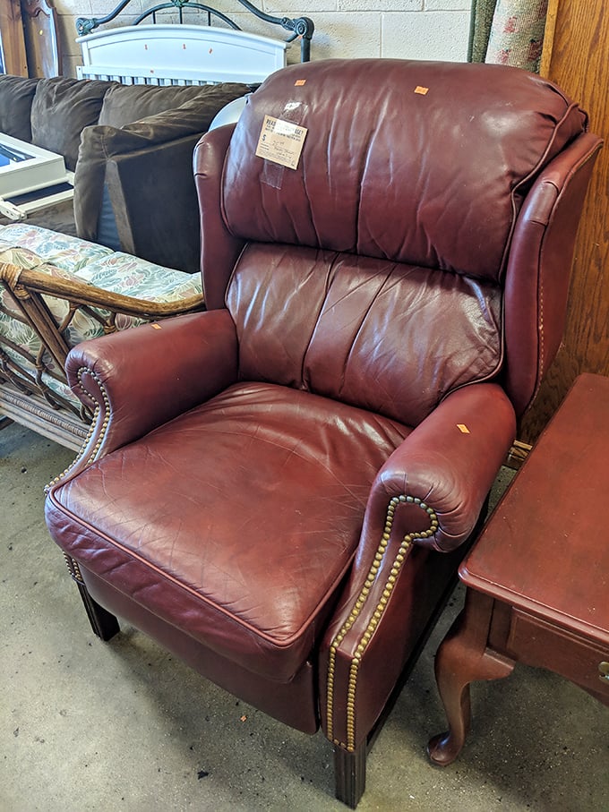 This maroon leather recliner looks ready to host decades more of Sunday afternoon naps and football games.