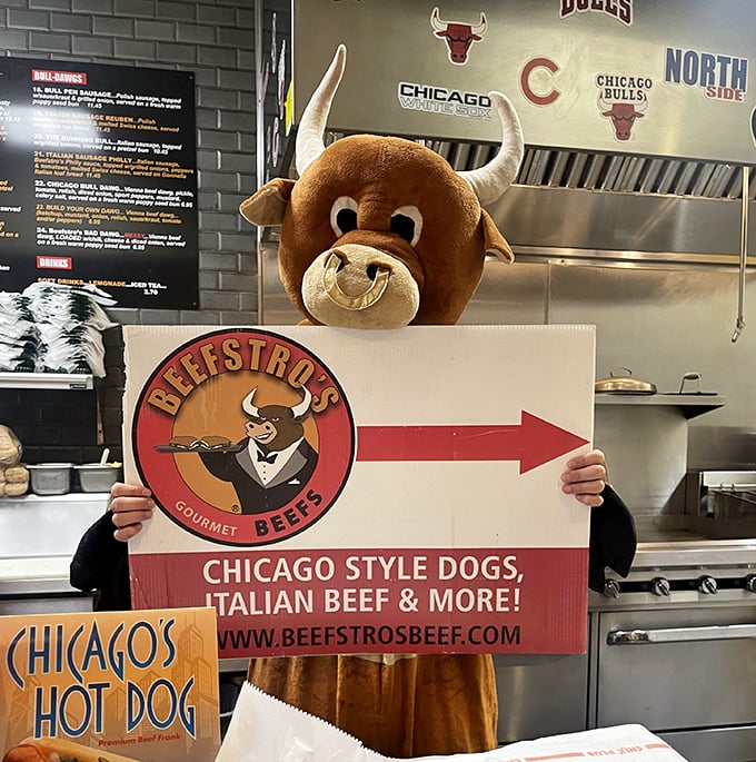 The mascot bull – half ambassador, half warning. He's basically saying, "You're going to love this so much, you'll need a bigger belt."