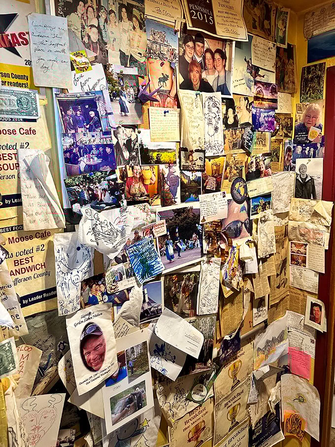 This memory wall is Port Townsend's analog Facebook – a physical timeline of community connections, celebrations, and the cafe's place in local hearts.