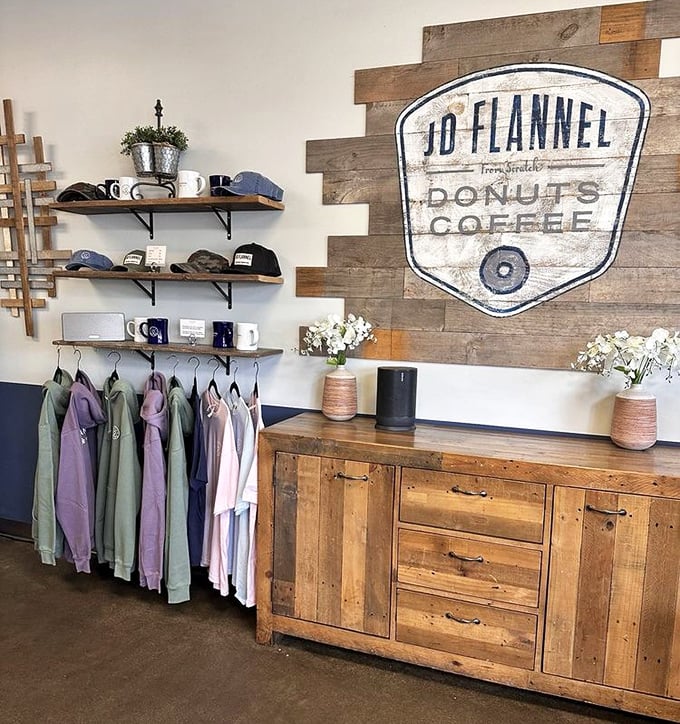 Flannel shirts and coffee mugs – because sometimes you need to take the JD Flannel experience home with you. Donuts sold separately!