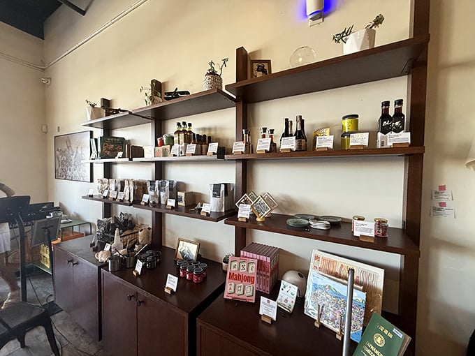 A treasure trove of Taiwanese pantry staples lines these shelves—souvenirs that let you bring a taste of Liang's Village home.