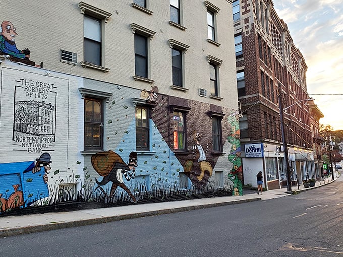 Street art brings buildings to life with whimsy and color. This mural doesn't just decorate a wall—it tells stories to passersby.